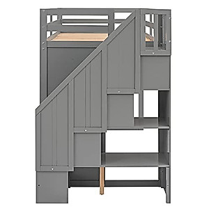 DEYOBED Twin Size Loft Bed with 2 Wardrobes and Stairs, Solid Wood Multi-Functional Loft Bed Frame with 2 Storage Drawers and 3 Shelves for Kids Boys Girls Bedroom, No Box Spring Needed, Gray