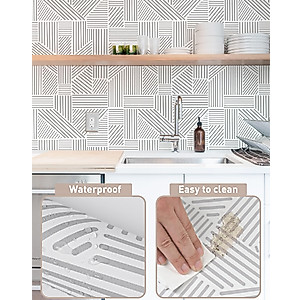 Tomete Gray and White Wallpaper Geometric Wallpaper Peel and Stick Wallpaper Boho Modern Geometric Contact Paper for Cabinets Removable Line Bathroom Wallpaper Waterproof Self-Adhesive17.3”×393”
