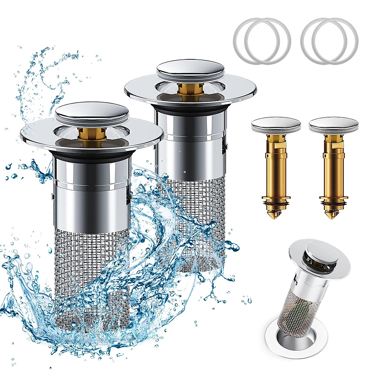 2Pcs Bathroom Sink Stopper Hair Catcher, Pop Up Sink Drain Stopper with Removable Stainless Steel Filter Basket Hair Catcher, for US Universal Kitchen Bathroom Basin Sink Stopper Replacement.