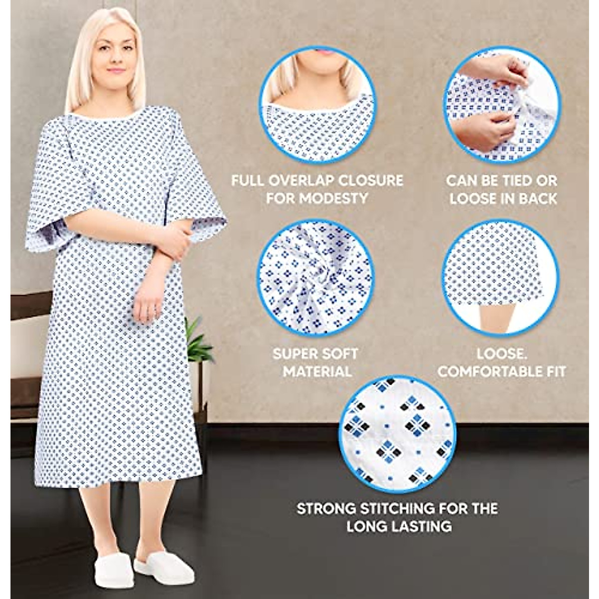 Wrinkle-Free Patient Gown - Fine Cotton Blend - Soft and Comfortable Fabric - Back Front Tie - Fit Easily Up to 2XL Size - Multipurpose Hospital Gown for Men and Women - Reusable and Washable -4 Pack