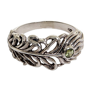 NOVICA Artisan Handmade Peridot Band Ring .925 Sterling Silver from Indonesia Green Birthstone Peacock 'Feather Light'