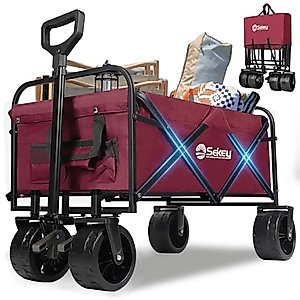 Sekey Heavy Duty Foldable Wagon with 330lbs Weight Capacity, Collapsible Folding Utility Garden Cart Big All-Terrain Beach Wheels & Drink Holders.Red