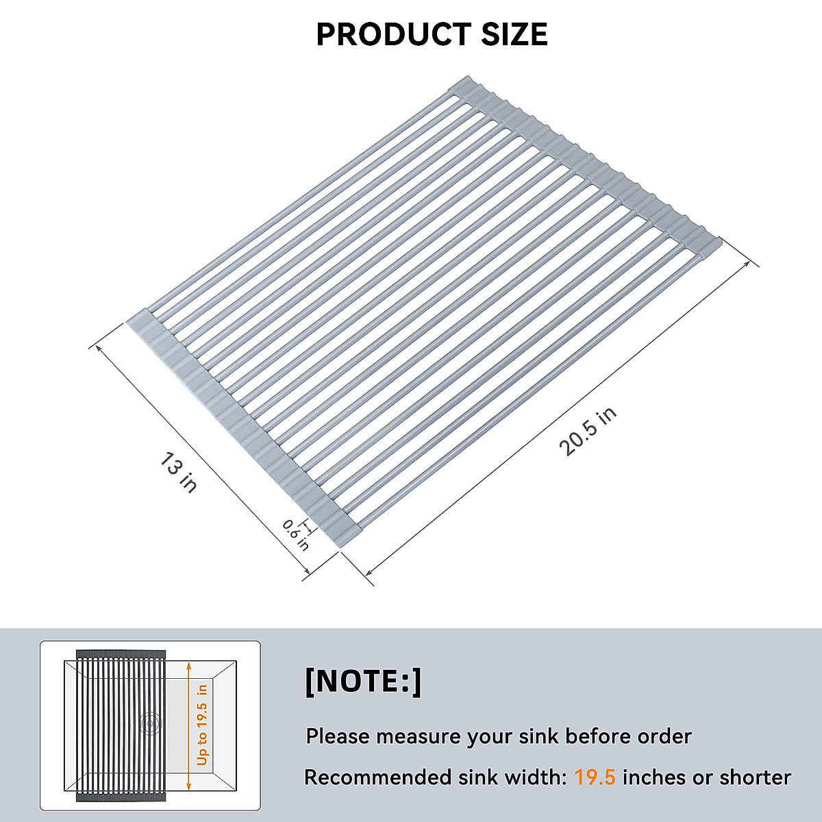 Tiilan Roll Up Dish Drying Rack Over The Sink, Dish Drainer, Heat Resistant Trivet Mat for Kitchen - Full Silicone Coating - Warm Gray, 20.5" x 13"