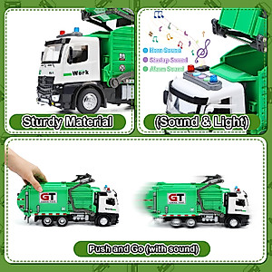 HOLYFUN Garbage Truck Toys Trash Truck with Sound and Light, Friction Powered Truck with 5 Garbage Cans, Push and Go Pull Back Car, for Boys