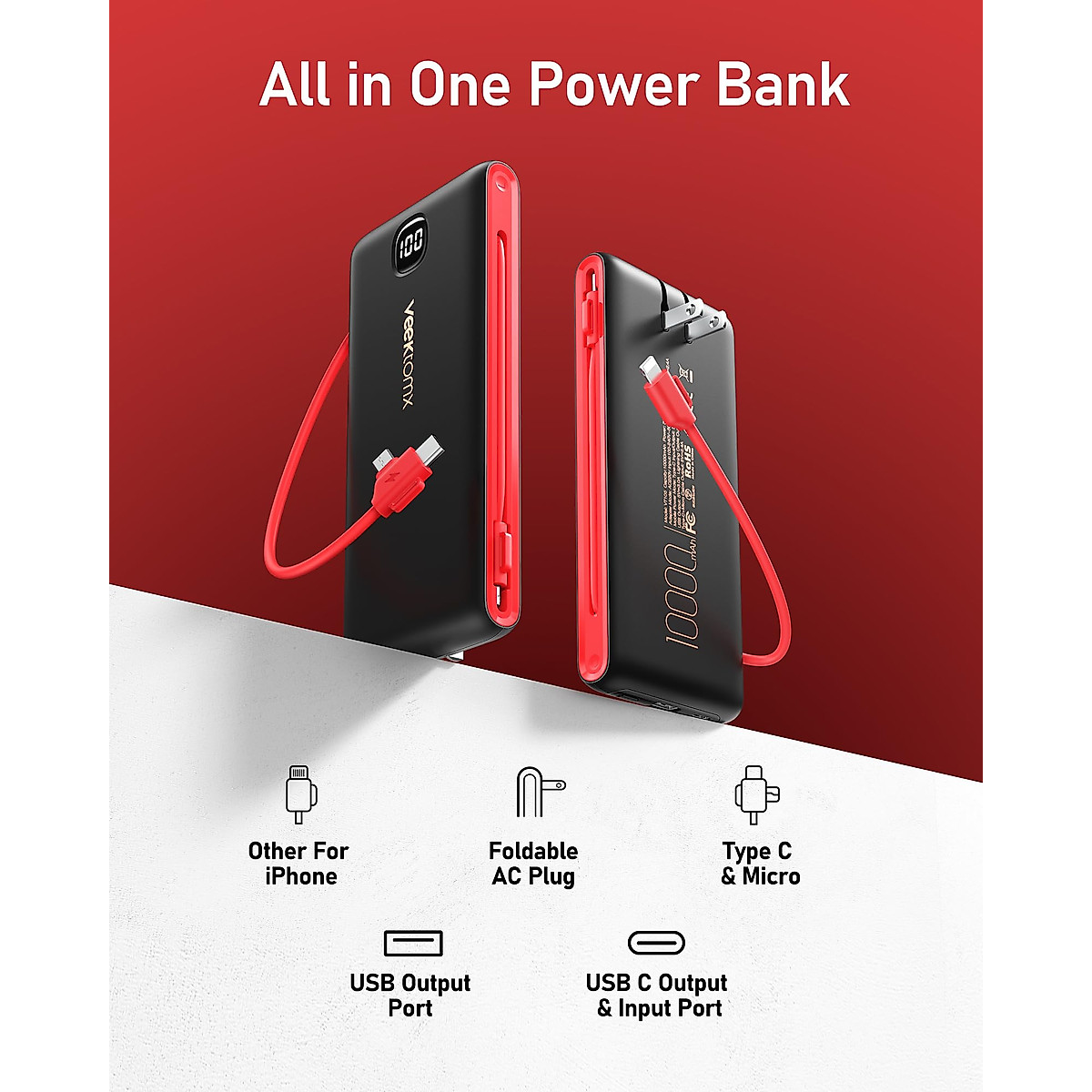 VEEKTOMX Portable Charger with Built in Cables 22.5W 10000mAh, Power Bank for iPhone with AC Wall Plug, Fast Charging USB C Slim Battery Pack with LED Display Compatible with iPhone15/14/13, Samsung