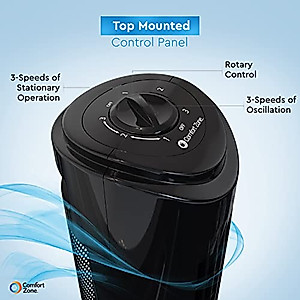 Comfort Zone 29" Powerful 3-Speed Oscillating Slim Tower Fan with Performance Blades and Sturdy Base, Ideal for Home, Bedroom, Dorm & Office, CZTF290BK