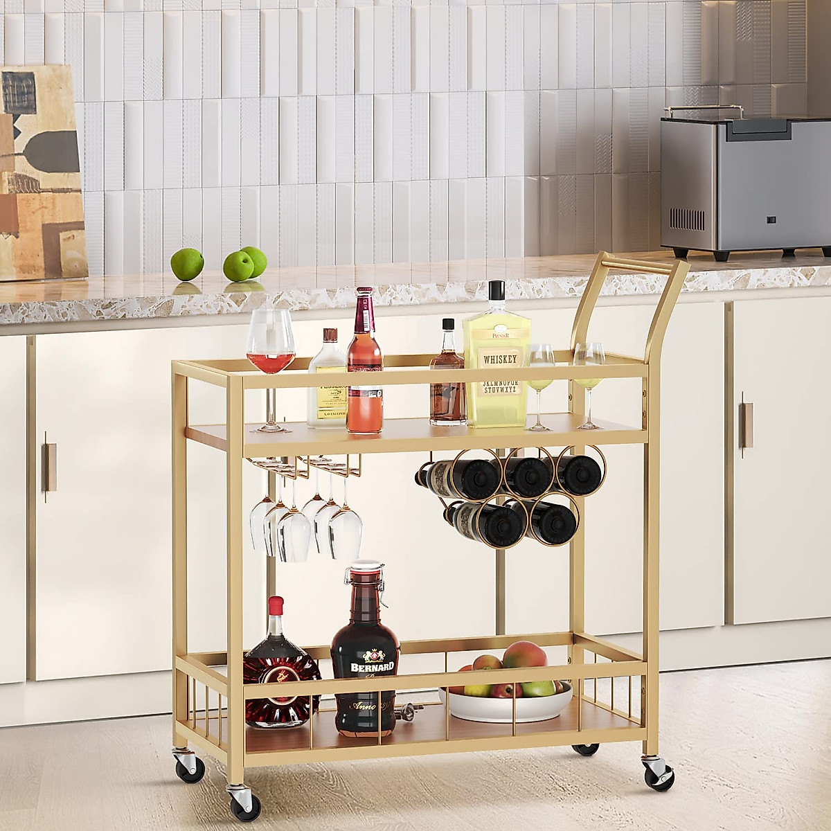 JUMMICO Bar Cart Industrial Home Mobile Wine Cart Serving Bar Cart on Wheels with Storage Shelves Wine Rack and Glass Holder for Living Room, Kitchen, Corridor, Hallway,Gold