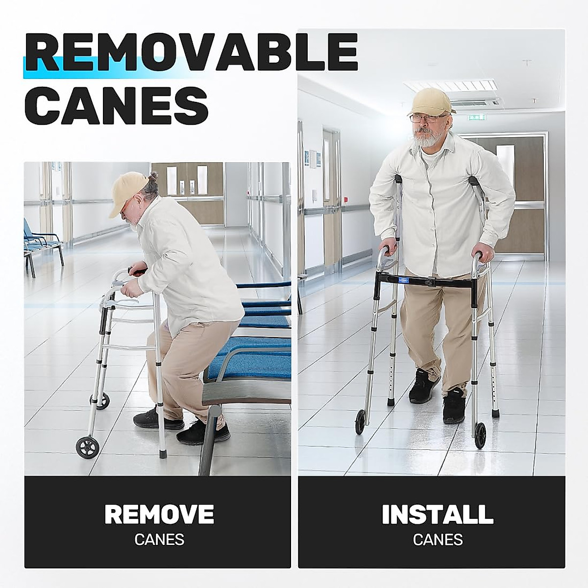 GreenChief Walkers for Seniors, Foldable Standard Walker with Adjustable Width, Folding Walker with Arm Support, 2 Wheels Walker for Elderly Handicapped Disabled (300LB)