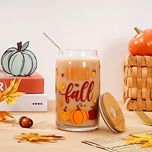 Whaline Hello Fall Drinking Glasses 16oz Fall Harvest Glass Cup Pumpkin Car Iced Coffee Cup with Bamboo Lid Glass Straw Cleaning Brush Gift for Autumn Thanksgiving Cocktail Whiskey Beer Soda, 2Pcs
