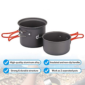 Odoland 6pcs Camping Cookware Mess Kit with Lightweight Pot, Stove, Spork and Carry Mesh Bag, Great for Backpacking Outdoor Camping Hiking and Picnic