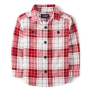 The Children's Place Baby Boy's and Toddler Long Sleeve Flannel Button Up Shirt, Red Cane Plaid, 2T