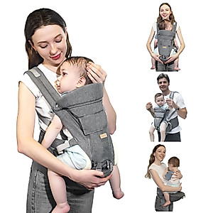 Baby Carrier with Hip Seat, 6-in-1 Baby Carrier Newborn to Toddler, Head Support and Breathable Mesh, Adjustable Removable Soft Ergonomic Baby Sling Carrier (7-41 lbs) for Everyday Family Events, Grey