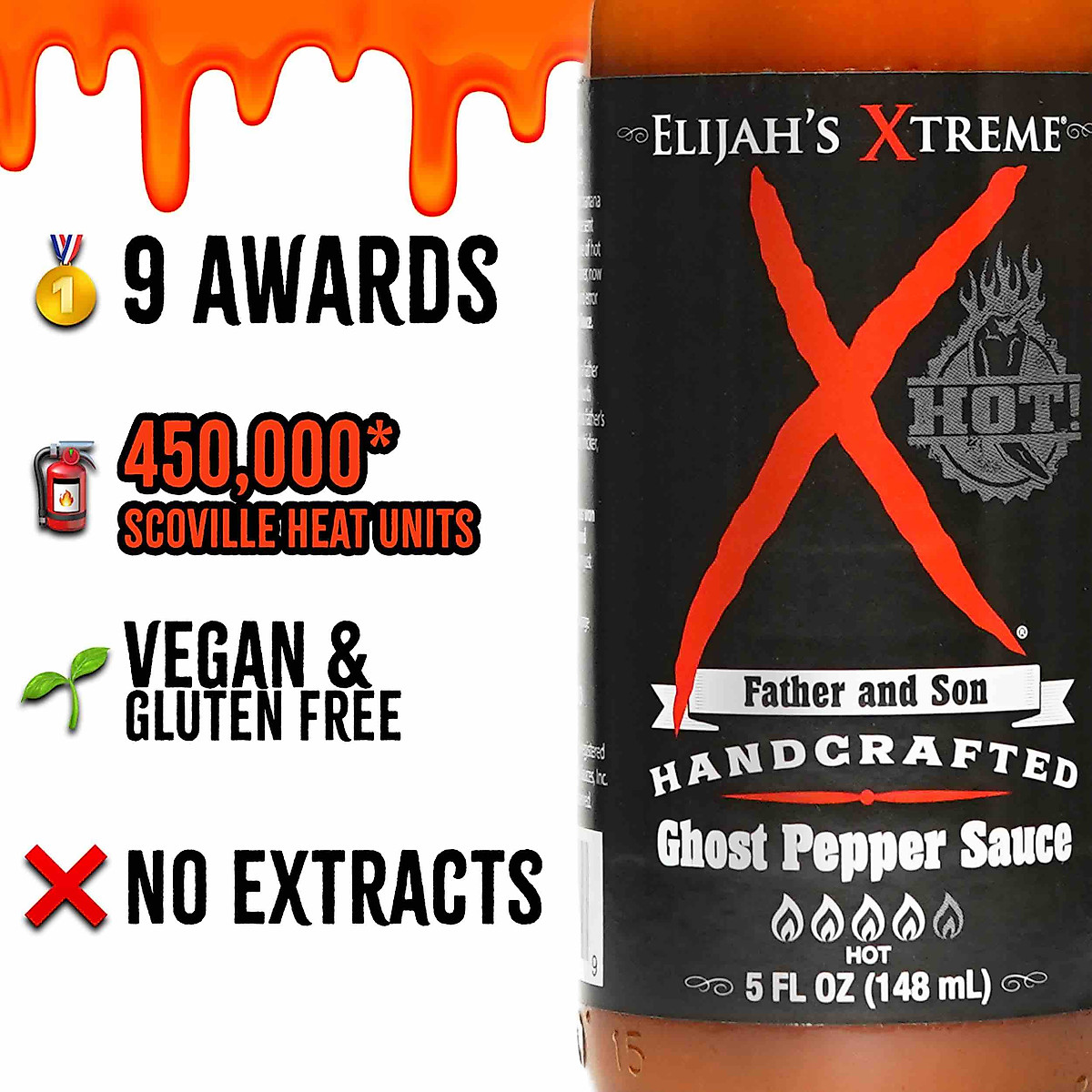 Elijah's Xtreme Ghost Pepper Hot Sauce, Handcrafted Award Winning Blend of Ghost Peppers, Habanero Garlic & Lime, Extreme Heat & Flavor