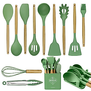 MYKUJA Green Kitchen Utensils Set for Cooking-Heat Resistant Kitchen Silicone Set Cooking Utensils Set for Non-Stick Utensils Set 13 Pieces Kitchen Tools(Avocado green)