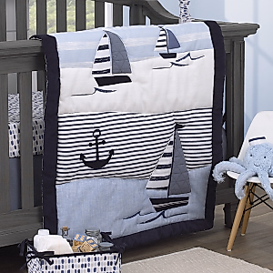 Nautica Nautical Adventure Blue & White Sailboat, Anchor, Waves, & Stripes 4Piece Nursery Crib Bedding Set - Comforter, 100% Cotton Fitted Crib Sheet, Crib Skirt, & Storage, Navy, Light Blue, White,