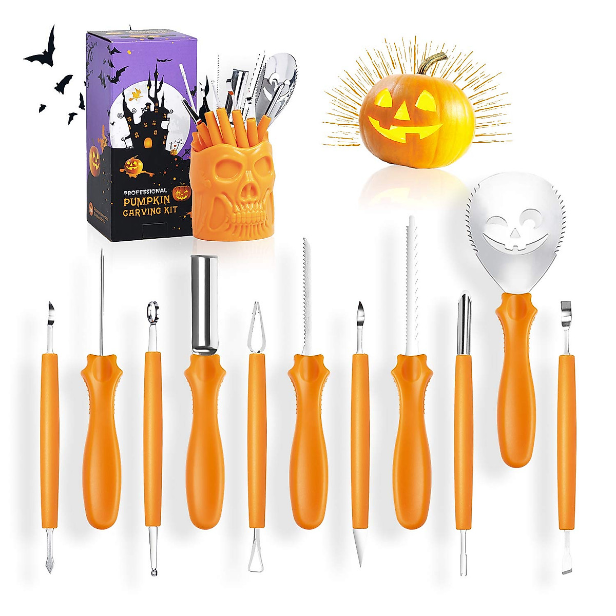 Halloween Pumpkin Carving Kit,Jack-O-Lanterns 11 Piece Professional Pumpkin Cutting Carving Tools Stainless Steel Lengthening and Thickening Pumpkin Carving Set