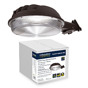 CORAMDEO Outdoor LED Barn Area Light, Dusk to Dawn Photocell, Integrated LED Gives 240W of Light from 44W of Power, Wet Location, Cast Aluminum, Rustic Bronze Finish, Clear Lens, Wall or Post Mount