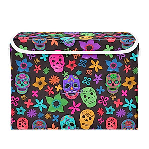MFTJYO Sugar Skull Day Of Dead Storage Bin with Lid Foldable Storage Box Washable Fabric Storage Cubes Bin Organizer Basket Closet for Home Bedroom Closet Nursery Office