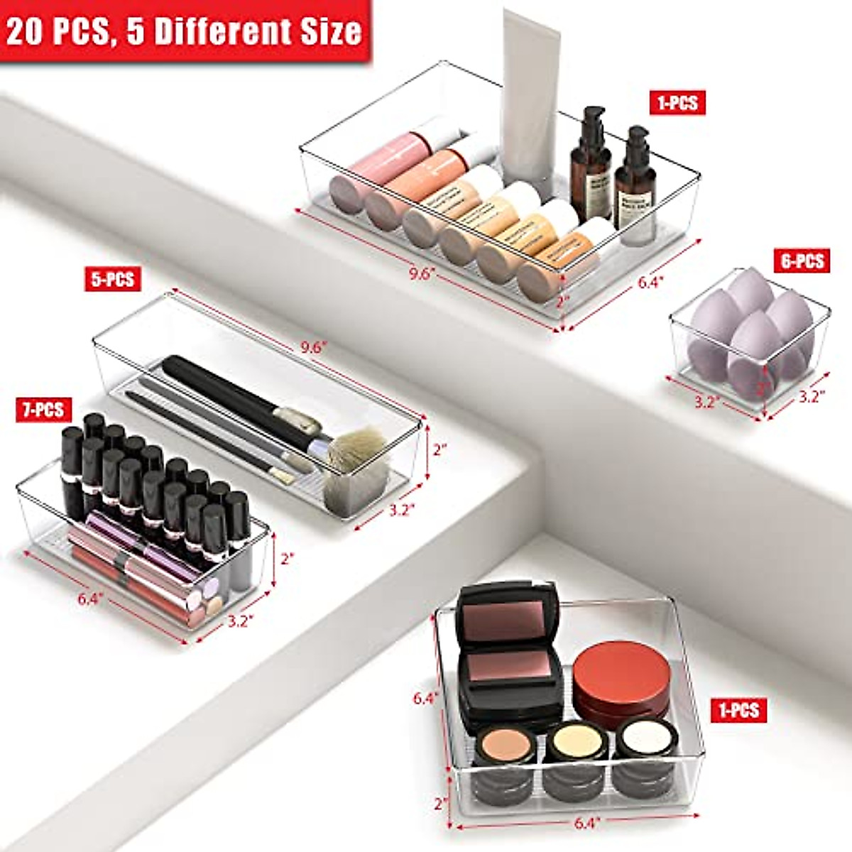 Simple Houseware 20-Pack Clear Plastic Drawer Organizers (6S, 7M, 5L, 1 XL, 1XXL)