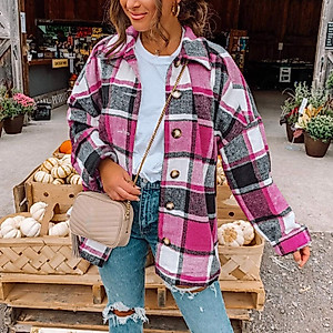 Women Flannel Shirts Plus Size, Women Plaid Long Shirt Button Down Collar Long Sleeve Oversized Shacket Jacket Hot Pink