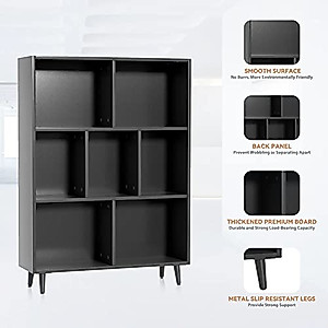 LAR-ME 3-Tier Bookshelf, Mid Century Bookcase with Legs, 7 Cube Wood Bookshelves Storage Organizer Shelf, Free Standing Narrow Book Shelves for Bedroom, Living Room, Office (Black)
