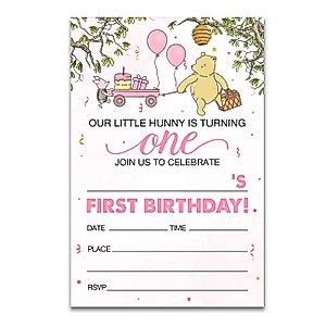 Dolimifa Winnie the Pooh 1st Birthday Invitations Fill in Style Winnie the Pooh Bear Pink Balloon Winnie Our Little Hunny First Birthday Invites, 20 Count With Envelopes
