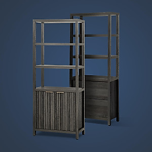 OAKHAM HOME Oxford Bookshelf, Tall Book Shelf with Doors Cabinet, 5-Tier Bookcase, Wooden Bookshelves with Fluted Panel, Large Bookcases with Storage for Living Room Bedroom (Midnight Oak, 1PCS)