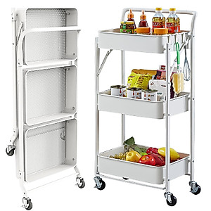 3 Tier Rolling Cart Foldable Storage Cart with Wheels No Assembly Request Kitchen Utility Organizer with Handing Cup, White