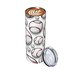 Stainless Steel Skinny Tumbler Baseball Pattern Travel Cup 20 Oz Double Wall Slim Insulated Coffee Mug With Splash Proof Lid & Straw & Cleaning Brush For Home Office