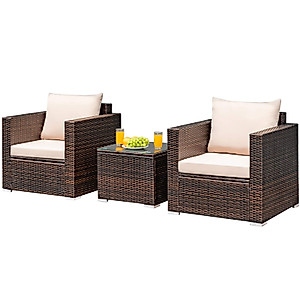 Tangkula 3 Pieces Patio Furniture Set, Outdoor Conversation Rattan Furniture Set w/Washable Cushion and Tempered Glass Tabletop, PE Rattan Wicker Sofa Set for Garden Poolside Balcony