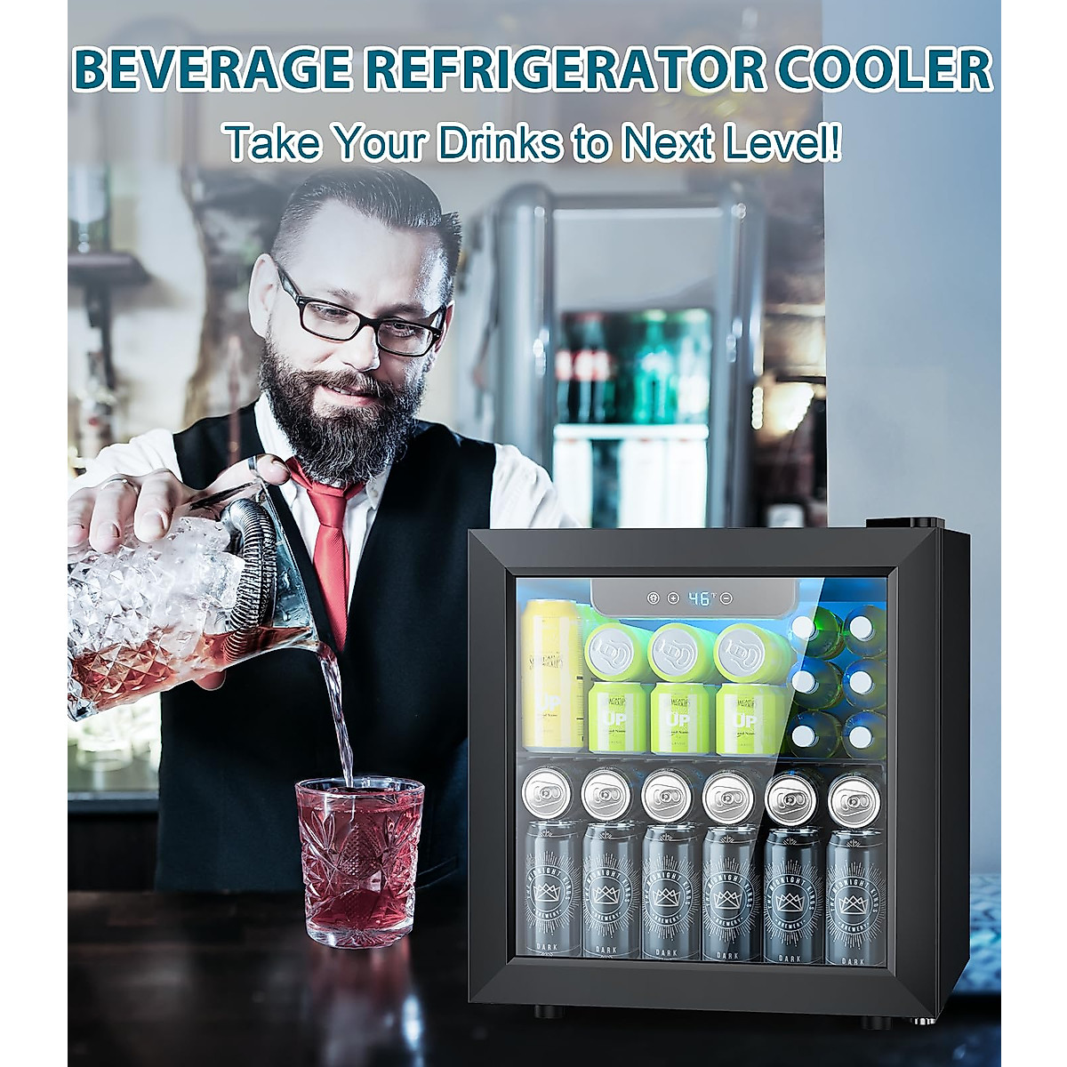 Electactic 50 Cans Beverage Refrigerator Cooler, 1.3 Cu.ft Mini Fridge Countertop Drink Cooler with Glass Door for Beer, Soda,Wine, Adjustable Digital Temperature Control for Home Dorm Bar, Black