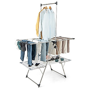 Giantex Clothes Drying Rack, Stainless Steel Foldable Laundry Drying Rack with with 6-Level Adjustable Height, High Hanger Design, Side Clips, Space Saving Collapsible Laundry Drying Rack