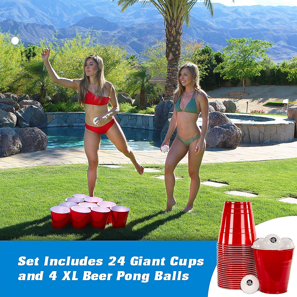 GoPong Giant Yard Pong Drinking Game for Adults – Indoor/Outdoor Lawn, Beach, and Tailgating Beer Pong Party Game – 24 Heavy Duty Giant Cups with 4 Balls