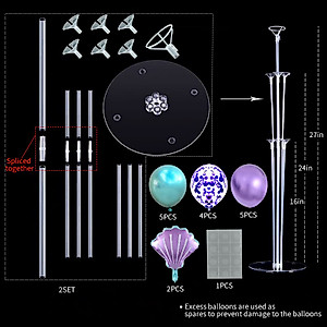 Mermaid Table Centerpiece Balloons Stand Kit 2 Sets with 2 Sea Shells Foil Balloons 14 Purple Blue Latex Balloons for Birthday Beach Mermaid Theme Sea Theme Party Mermaid Birthday Decorations