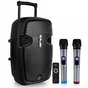 Pyle PPHP1299WU.5 Karaoke Portable PA Speaker System - 1000W Active Powered Wireless Bluetooth Compatible Outdoor Speaker W/Rechargeable Battery, Wheels, USB MP3 RCA, 2 UHF Microphone, Remote, Black