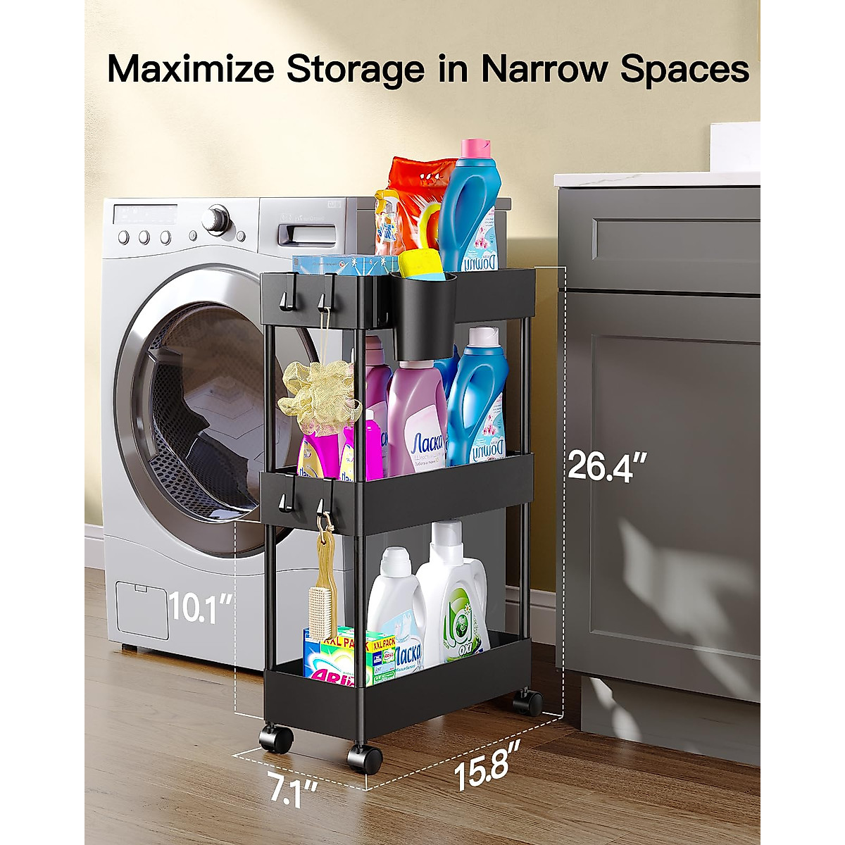 Pipishell Slim Storage Cart with Wheels, Bathroom Cart Organizer Bathroom Storage Small, Rolling Cart for Bathroom, Laundry Room, Kitchen, Narrow Space, Black PIUC04