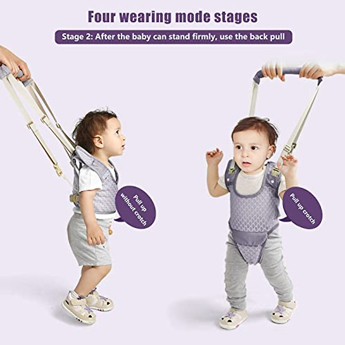 Baby Walking Harnesses, Handheld Kids Walk Helper Lightweight Adjustable Detachable Crotch Pad Handheld Toddler Walk Assistant Belt for 8‑24M Webbing, Mesh Material(Monsoon Grey-Profile Mesh)