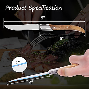 LUVCOSY Laguiole Style Steak Knife Set of 8, Non-serrated Steak Knife Set with Olive Wood Handle, Sharp Stainless Steel Steak Knives with Gift Box, Dinner Cutlery Set for Home Party