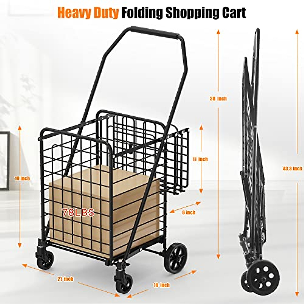 [2023 Upgrade] Shopping Cart with 360°Swivel Wheels,Waterproof Liner, Double Basket,Portable Foldable Grocery Cart, Folding Utility Shopping Carts for Seniors,Groceries,Laundry,Transport