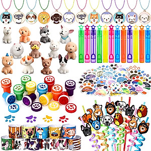 Winrayk 132Pcs Puppy Dog Party Favors Birthday Supplies Straws Dog Figures Necklace Paw Print Stamp Bubble Wand Bracelet Dog Paw Stickers Kids Boys Girls Puppy Party Favors Dog Birthday Party Supplies