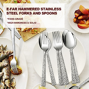 E-far 24-Piece Hammered Forks and Spoons Silverware Set, Stainless Steel Square 12 Dinner Forks and 12 Dinner Spoons, Modern Metal Flatware Cutlery for Kitchen and Restaurant, Dishwasher Safe-7.9 Inch