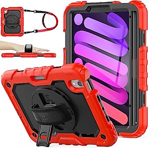 SEYMAC stock Case for iPad Mini 6 8.3'' 2021 with Screen Protector Pencil Holder [360 Rotating Hand Strap] &Stand, Drop-Proof Case for iPad Mini 6th Generation 8.3", Black+Red