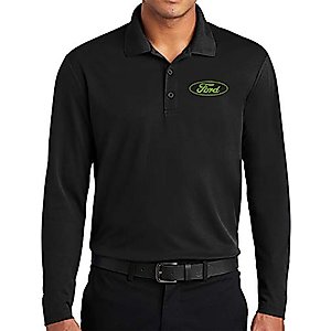 Green Ford Logo Pocket Print Long Sleeve Polo, Black 2XL