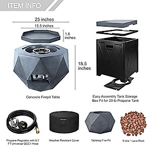 Kante 25" Concrete Propane Fire Pit Table with Assemble Tank Cover, 50,000 BTU Geometric Fire Pit with Tray Style Lid, Lava Rock, Charcoal (A-GF002-60121-SB01)