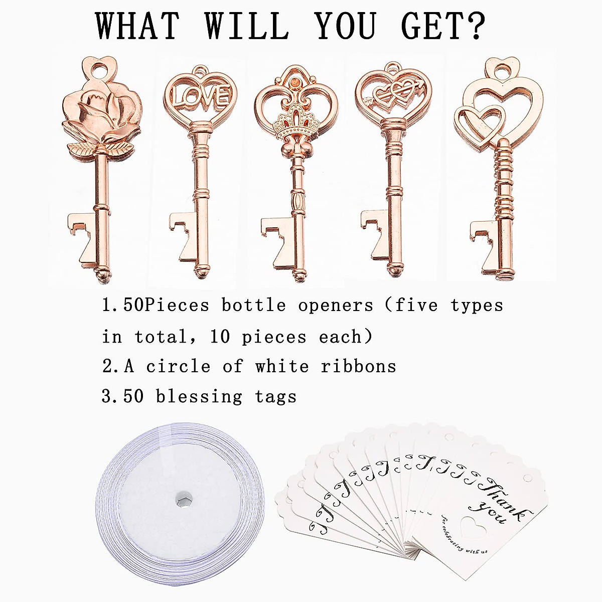 50 PCS Key Bottle Openers,Wedding Favors,Gifts,Decorations or Souvenirs for guests Bulk,Bridal Shower Party Favors with Card Tag (Gold)