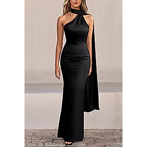 PRETTYGARDEN Women's Maxi Satin Dress Sleeveless Halter Neck Backless Long Formal Evening Cocktail Dresses (Black,Small)