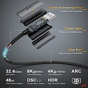 uni 8K USB C to DisplayPort Cable 6FT, 8K@60Hz 4K@240Hz Thunderbolt 4/3 to DP 1.4 Cable Non-bidirectional Support 32.4 Gbps, FreeSync, G-Sync Compatible with iPhone 15 Pro, MacBook Pro/Air, iPad, iMac