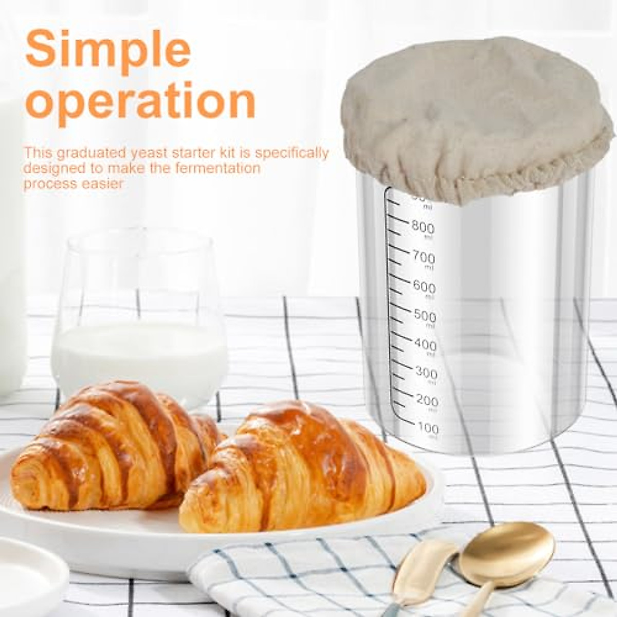 Ghojet 7Pcs Sourdough Starter Jar Kit with Scale 900ml Reusable Sourdough Starter Container with Bamboo Lid Multipurpose Wide Mouth Glass Sourdough Fermentation Jar for Sourdough Baking(Combination)