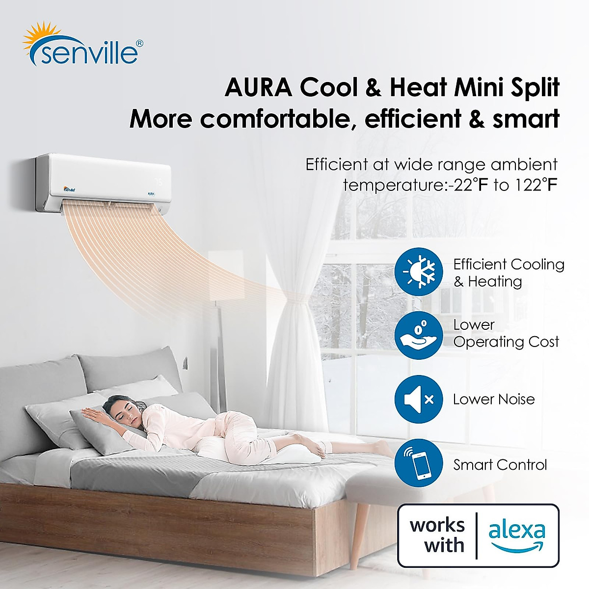 Senville AURA Series Mini Split Air Conditioner Inverter Heat Pump, 9000 BTU, Works with Alexa, Energy Star, White