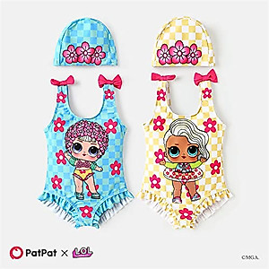 L.O.L.Surprise! Kid Girl Character Doll Sleeveless Ruffle Swimwear Bow Straps Floral One-Piece Swimsuit with Swim Hat Light Blue 9-10Years
